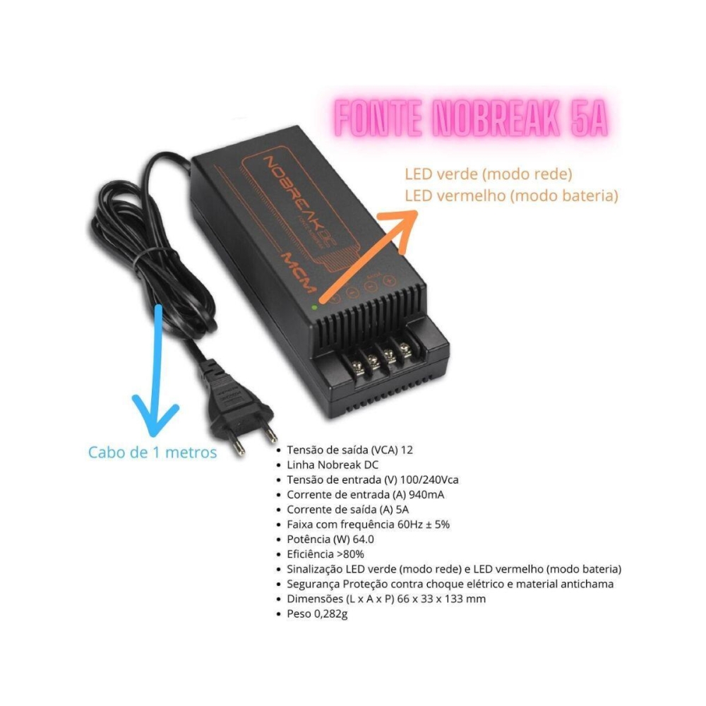 FONTE NOBREAK 12V 5A + BATERIA PARA ALARME 12V 7A